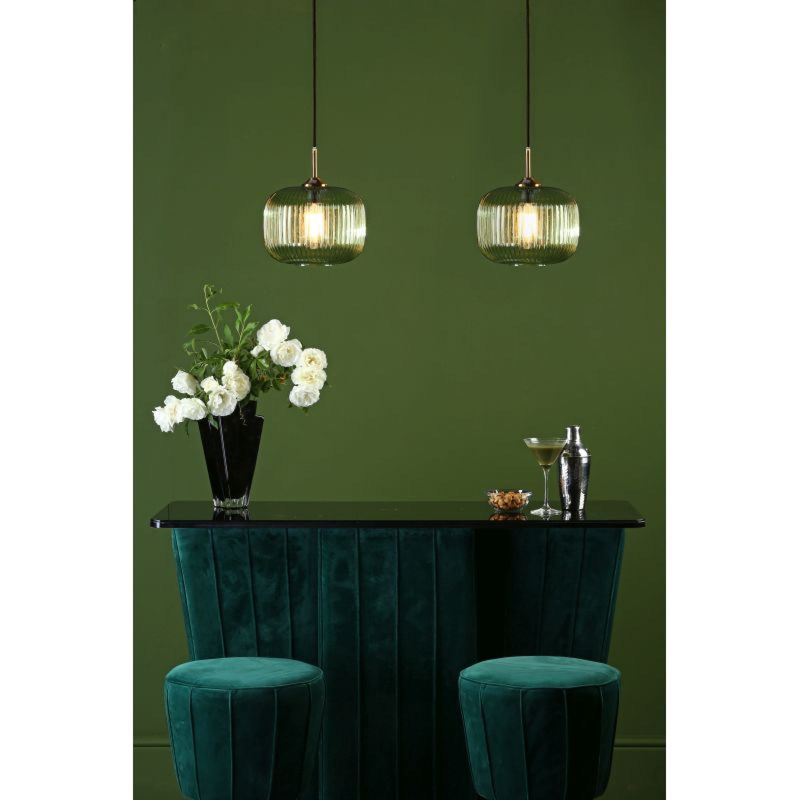 Dar DEM0124 Demarius - Bronze Pendant with Green Ribbed Glass